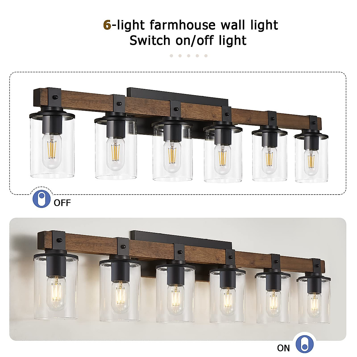 DUJAHMLAND 6-Light Wood Vanity Light,40.5 inch Farmhouse Bathroom Metal Wall Sconce with Cylinder Clear Glass Shade,Industrial Wall Light Fixtures for Hallway,Kitchen,Bedroom(Wood, 6-Light)