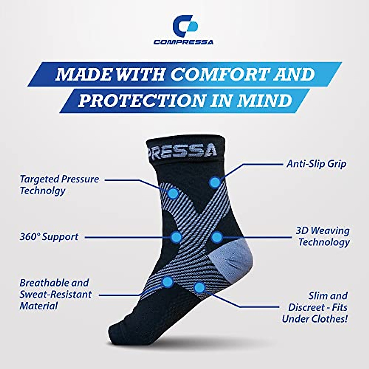 Compressa Ankle & Foot Compression Socks Authentic - Helps Relieve Plantar Fasciitis & Helps Reduce Swelling - All Day Comfort Socks For Joint Stability