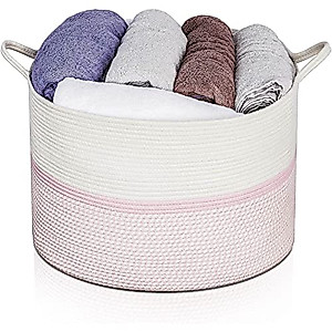 VICUTVID Large Woven Rope Storage Basket Toy Storage Toy Hamper Toy Bin Toy Basket Woven Large for Blankets Laundry Basket with Handles(22"x22"x14",Pink)