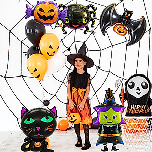 7 Pieces Large Halloween Foil Balloons Decorations Set, Includes Bat, Witch, Pumpkin, Black Cat, Skeleton, Ghost and Spider Designs Mylar Balloons for Spooky Trick-or-Treating Party Supplies