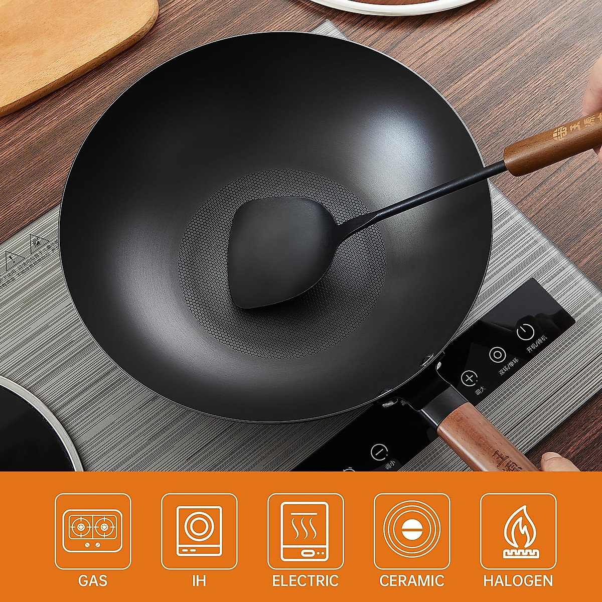 WANGYUANJI Iron Wok 12.6 inches,Wooden Handle Chinese Iron Pot Carbon Steel Wok Non-Coated Stir Fry Pan,Suitable for Home Cooking, Compatible with Induction, Gas, and Electric Ceramic Cooktops