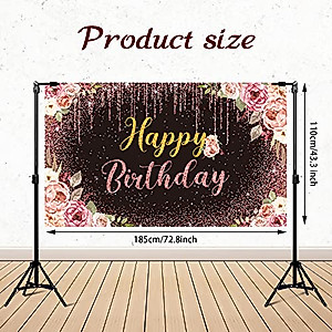 Happy Birthday Backdrop Decorations for Women Background Party Supplies Rose Backdrop Photography for Girls Boys Floral Glitters Banner Wedding Baby Shower Decor (Black)