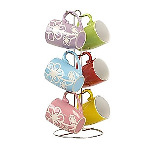 Home Basics 6 Piece Daisy Floral Ceramic 11 Ounce Mug Set For Coffee, Tea, Hot Chocolate etc. with Display Stand Multi color