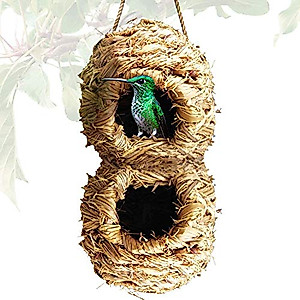 Meric Bird Nest Hut with 2 Pockets, Hand-Woven Grass Hanging House, Secure Hideaway and Shelter for Finch, Canaries, Chickadee, House Wren, Hummingbird, Sparrow, 1 Piece
