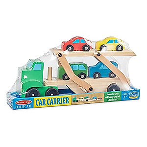 Melissa &amp; Doug Car Carrier Truck and Cars Wooden Toy Set With 1 Truck and 4 Cars - Wooden Cars, Vehicle Toys, Push And Go Wooden Trucks For Toddlers And Kids Ages 3+
