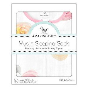 Amazing Baby Muslin Sleeping Sack, Watercolor Roses, Pink, Large, Wearable Blanket with 2-way Zipper (12-18 Months, fits up to 35 inches)