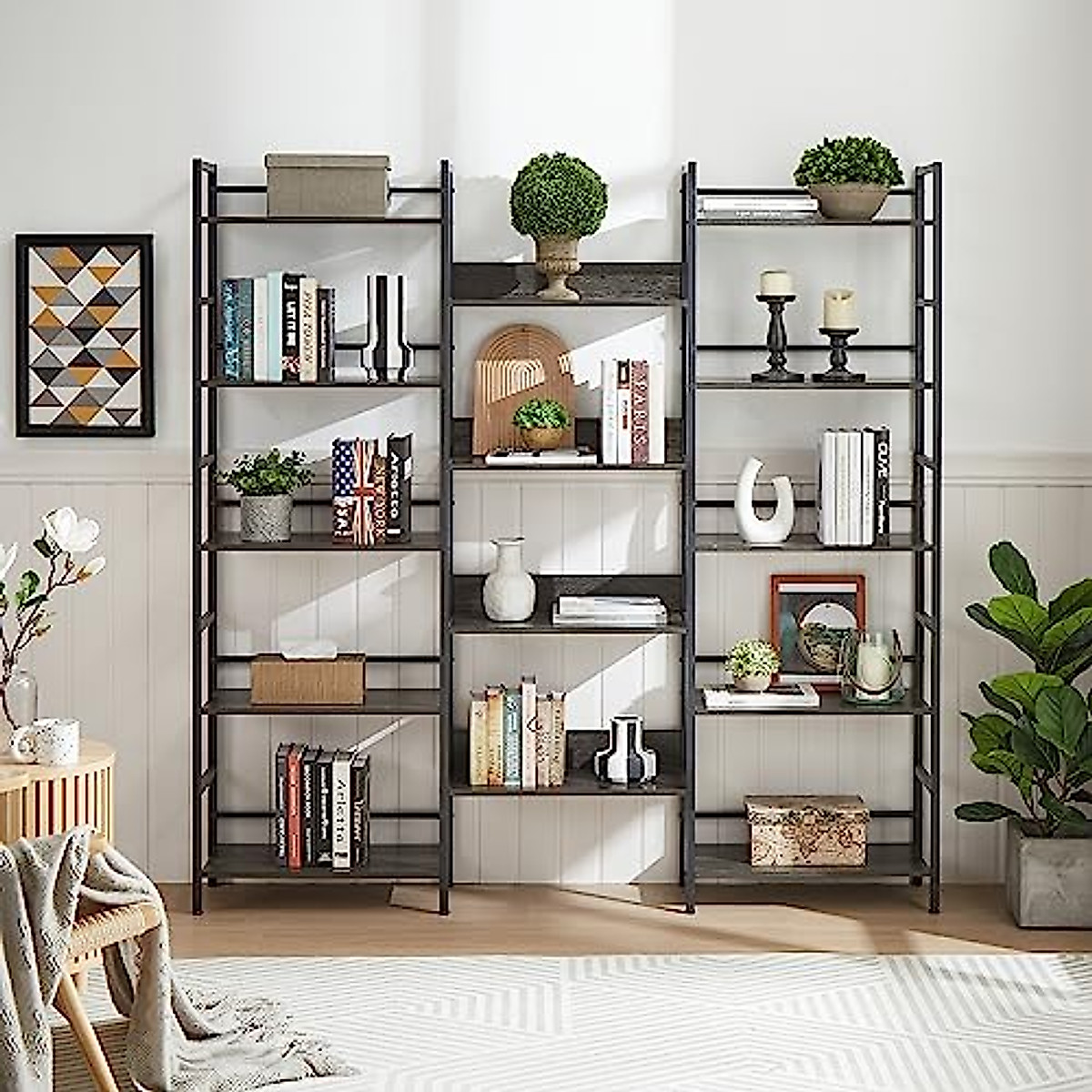 5-Shelf Wide Bookshelves, Industrial Retro Wooden Style Large Open Bookcases, 69.3''L x 11.8''W x 70.1''H, Dark Grey