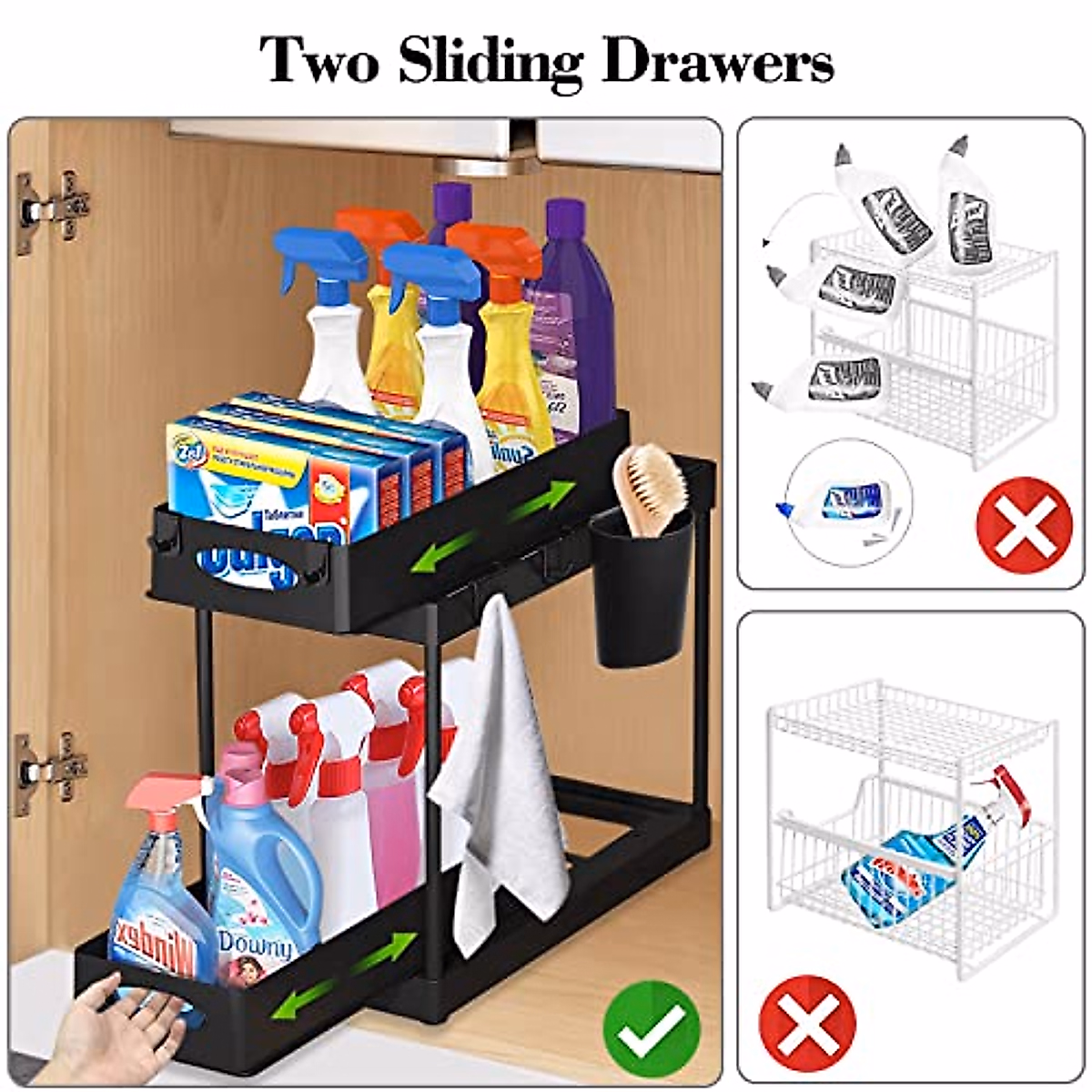 GzfunTeng Under Kitchen Sink Organizer and Storage, 2 Tier Sliding Bathroom Organizer, Pull Out Cabinet Organizer with 4 Hooks, 1 Hanging Cups, Finishing Storage Rack