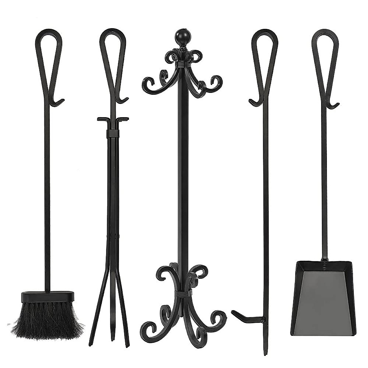 AMAGABELI GARDEN & HOME 5 Pieces Fireplace Tools Set Black Cast Wrought Iron Tool Set with Log Holder Fire Set Stand Scroll Rustic Antique Accessories Set