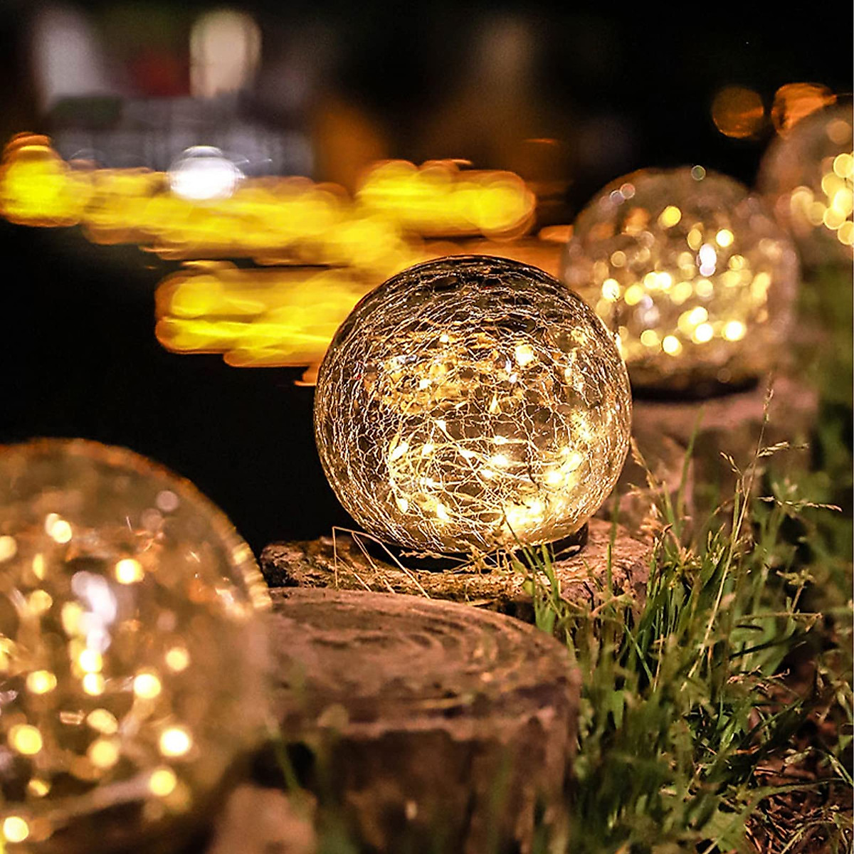 aboxoo Globe Solar Lights Outdoor Decoration 1 Packs Crackle Glass Ball Warm Light with LED for Garden Yard Decor Pathway Patio Lawn(4.7 inch)