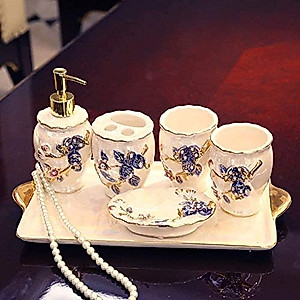 Ceramic Bathroom Five-Piece Set, Three-red Pomegranate Drill Dental Ware, Mouth Cup, Bathroom Washing Set (Color : Blue)