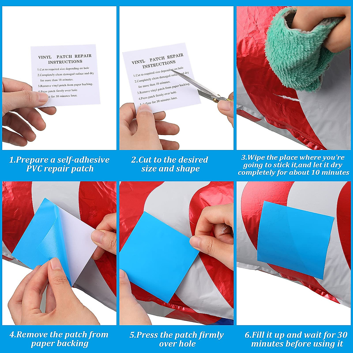 Outus 10 Pieces Inflatable Patches Self Adhesive Vinyl Pool Float Patch Repair Kit for Above Ground Pools, Air Mattress, Bounce House, Inflatables Swimming Pool, Square Shape (Blue)