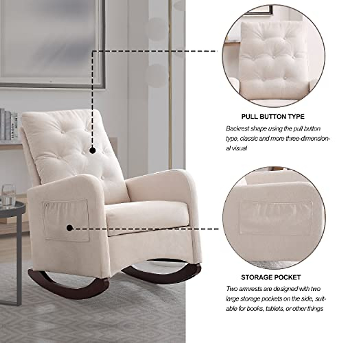 Modern Accent Rocking Chair, Button Tufted Upholstered Glider Rocker for Nursery, Comfy Armchair with Side Pocket, Lounge Chair with High Backrest for Living Room, Bedroom, Office (Fabric Beige)