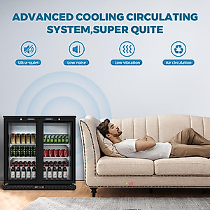 KICHKING 7.4 Cu.Ft Back Bar Cooler 35.4" W Beverage Refrigerator, 2 Low-E Glass Doors, Counter Height Bar Fridge, Commercial Display Refrigerator Anti-Fog, LED Light Beer, Wine, Soda, Soft Drinks