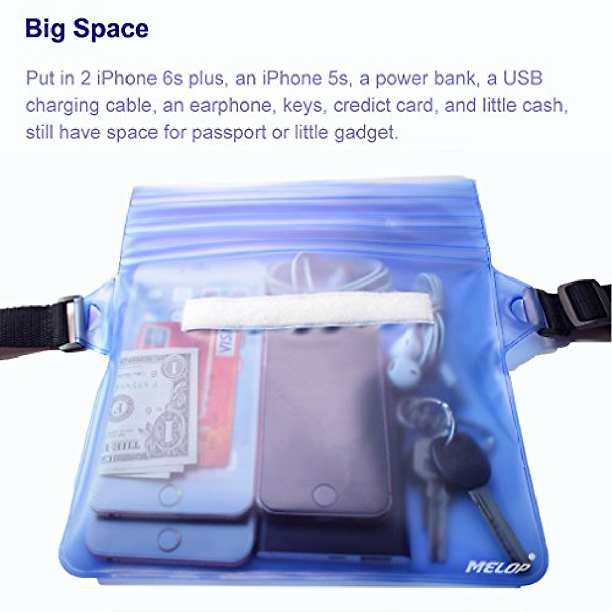 MELOP Waterproof Pouch Bag with Adjustable Shackle Strap Protect Phone and Items Dry and Clean from Water Submersion When Rainning Boating Swimming Kayaking Fishing Water Parks - Blue