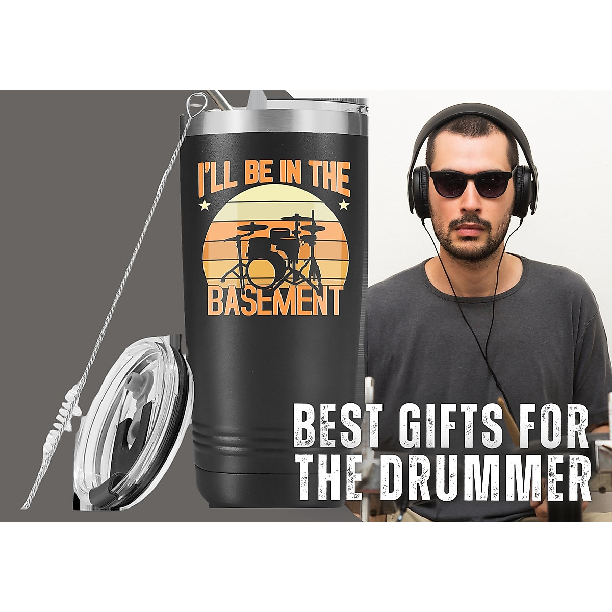 Onebttl Funny Drummer Gifts For Men, Women, Music Lover Gifts for Drummers, 20 oz/590 ml Stainless Steel Insulated Tumbler with Straw, Lid, I'll Be in the Basement