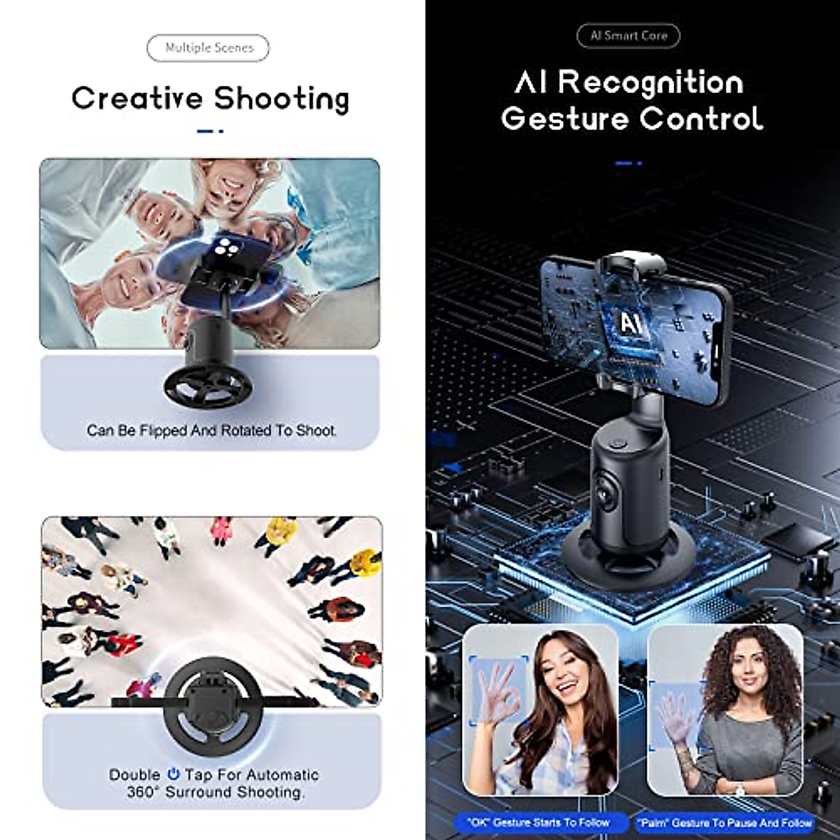 RIEIEK auto recognizes and Tracks Mobile Phone tripods, intelligently rotates 360-degree Shooting Phone Stand, and Does not Require APP to Start Gestures with one-Click Facial Tracking Gimbal
