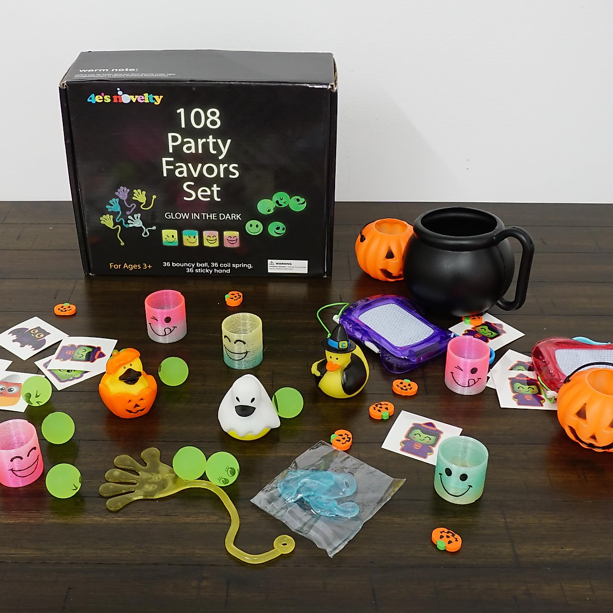 4E's Novelty 108 Pcs Glow in The Dark Toys - 36 Bouncy Balls, 36 Coil Spring, 36 Sticky Hands, Bulk Party Favor or Kids Goodie Bags Birthday Party Supplies Basket Stuffers Prizes for Kids