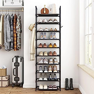 Fixwal 10 Tiers Shoe Rack, Tall Shoe Storage Shelf for 20-24 Pairs of Shoes and Boots, Sturdy Shoe Organizer for Close, Narrow Shoe Shelf with Hooks for Entryway Bedroom Hallway (Black)
