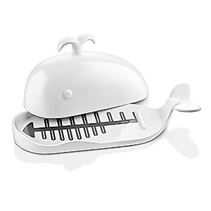 DOWAN Porcelain Butter Dish With Cutting Measuring Line, Large Whale Butter Dish with Cover of Non-slip Design, Ceramic Butter Dishes with Handle for East/West Coast Butter, White