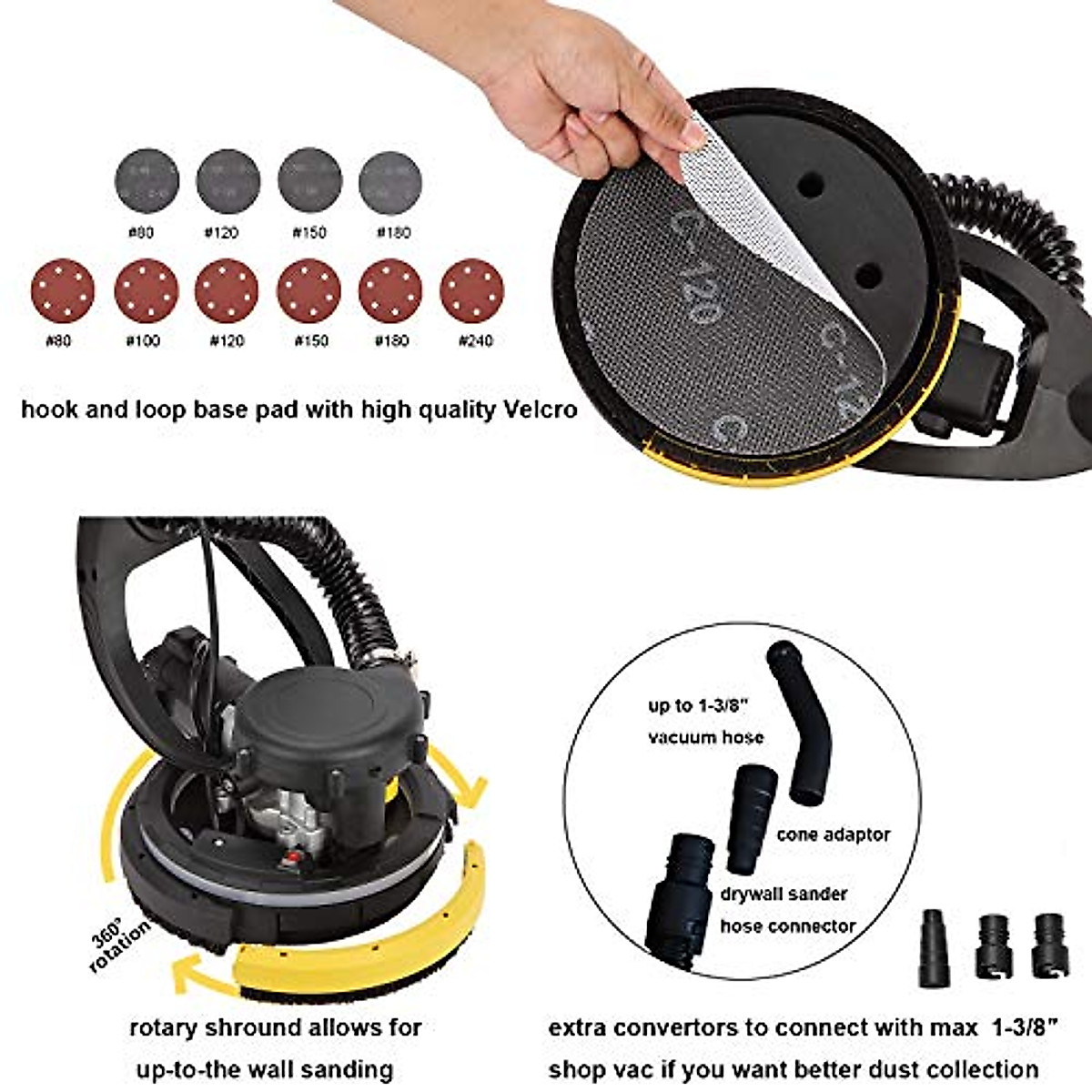 CUBEWAY Drywall Sander with Vacuum, Rotary and Detachable Dust Shroud for up to the Wall Sanding, Electric Drywall Sander with Variable Speed and Led Light, ETL Listed