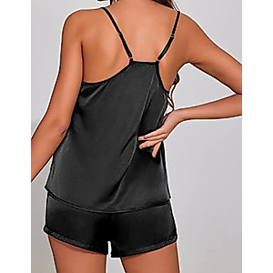 Ekouaer Silk Pajamas Sets Women Satin 2 Piece Silk Pjs Cami Top Sleepwear Black