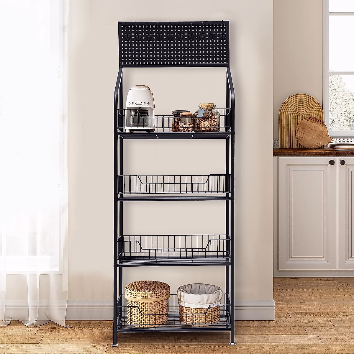 4-Tier Kitchen Baker's Racks Snack Display Rack Organizer with Wheels Metal Standing Shelf Units for Bathroom Living Room Office Garage 19.6 x 10.6 x55in,150lbs Loading(Black)