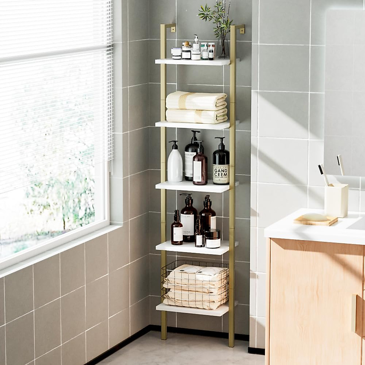 NUMENN Industrial Ladder Shelf, 5 Tier Book Shelf, Open Space Wall Mount Bookshelf with Metal Frame, Sturdy Book Shelves, Bookcase for Living Room, White and Brown Gold