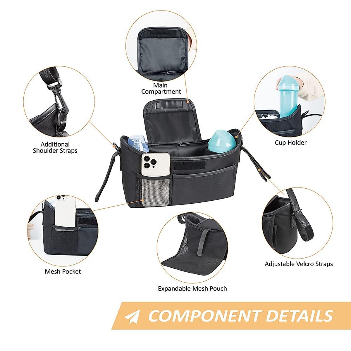 LUFFCABO Multifunctional Stroller Caddy Organizer With Cup Holder And Adjustable Straps, Universal Stroller Attachment With Stroller Cup Holder Supplying Stroller Storage (Large/Carbon Black)