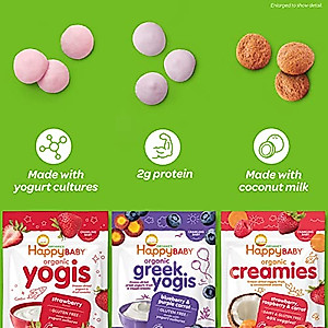 Happy Baby Organics Baby Snacks, Greek Yogis, Freeze Dried Yogurt &Veggie Fruit Snacks, Gluten Free Babies 9+ Months, Blueberry & Purple Carrot, 1 Ounce