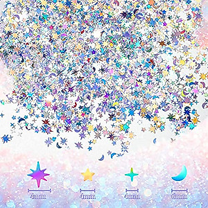 60 g/ 2.1 oz Holographic Star and Moon Table Confetti Iridescent Metallic Glitter Foil Confetti Sequin Star Moon Scatter for Halloween Birthday Wedding Festival Party DIY (6 mm, 4 mm, Silver)