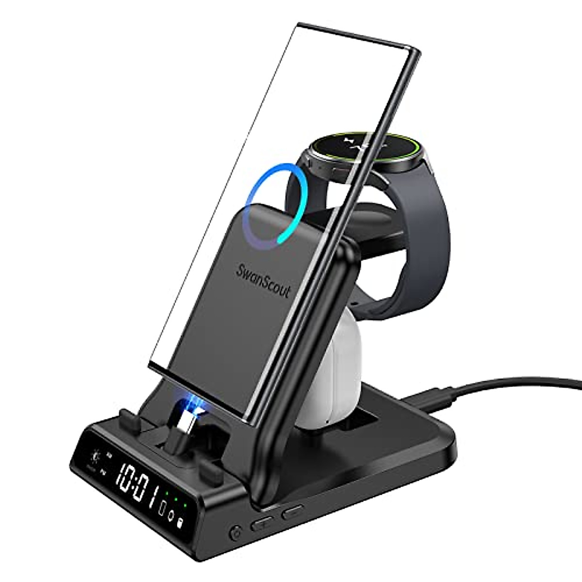 SwanScout Charging Station for Samsung, Foldable 25W 3 in 1 Super Fast Charging Dock Stand for Galaxy S23 Ultra/S22 Ultra/S21/Z Flip 4/Z Fold 4/Buds, Samsung Watch Charger for Galaxy Watch 5 Pro/4/3