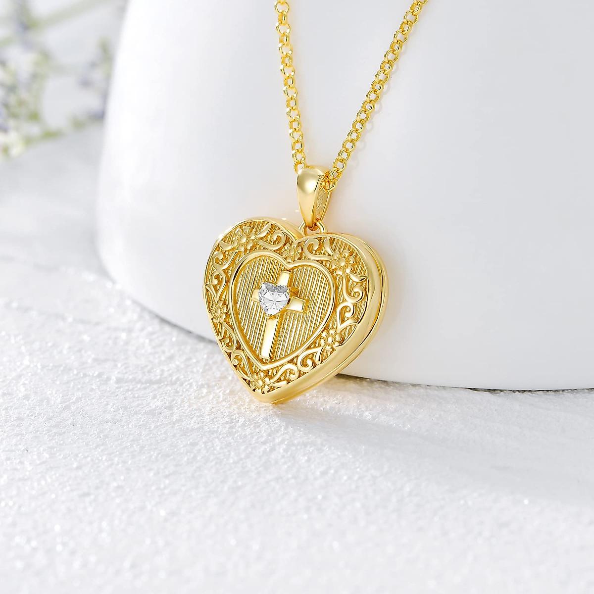 SOULMEET 18K Plated Gold Cross Birthstone April Simulated Crystal Locket Necklace That Holds 1 Picture Photo Locket Gift (Locket only)