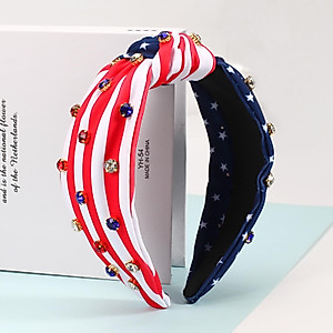 Budsmile American Flag Headbands for Women Girls Independence Day 4th of July Red White Blue Patriotic Headband USA Knotted Wide Rhinestone Hair Accessories Hair Hoops
