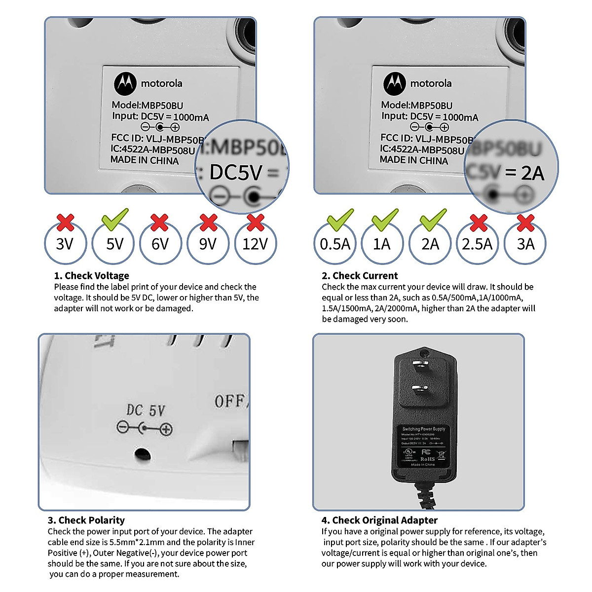 (2 Pack) 5V 2A Power Supply Adapter, BOLWEO AC 100-240V to DC 5V 1A Adaptor Cord Compatible with Baby Monitor,TV Box, Speaker, Camera,Audio/Video, 5V Router, DC Jack Barrel 5.5mmx2.1mm