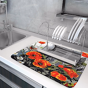 Poppy Dish Drying Mat 18x24 inch for Kitchen Vintage Red Orange Floral Dish Drying Pad Oil Painting Flower Dish Drainer Mats Absorbent Microfiber Protector for Countertop Coffee Bar