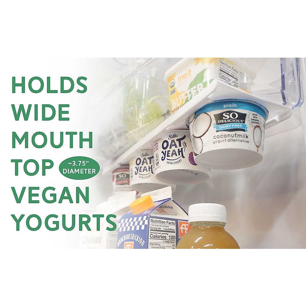 Storage Theory Yogurt Fridge Organizer - Holds up to 4 Wide-Mouth Vegan and Greek Yogurt Cups - Peel and Stick Slider Shelf for Small Refrigerator Spaces - 1 pc