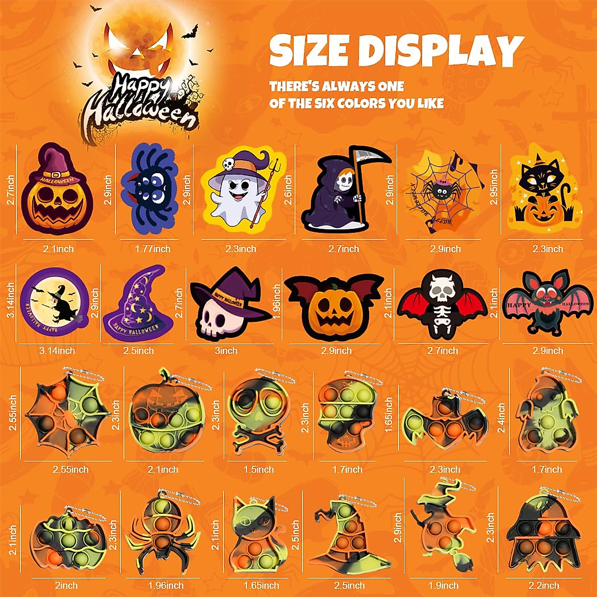 Oroalbb 72 Pcs Halloween Mini Pop Fidget Keychain Bulk, Halloween Party Favors for Kids, Halloween Toys Bulk with 72 DIY Cards, Halloween Prizes , Halloween Classroom Favors, Trick or Treat Toys