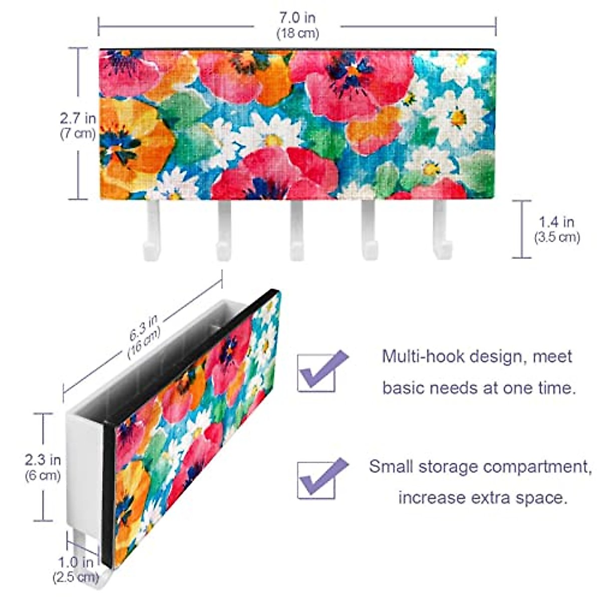 Hand Drawn Retro Colorful Flowers Background Mail Holder Organizer and Key Hooks PU Front, Self Adhesive Key Rack with 5 Hooks Perfect for Entryway, Hallway，Bathroom ，Kitchen