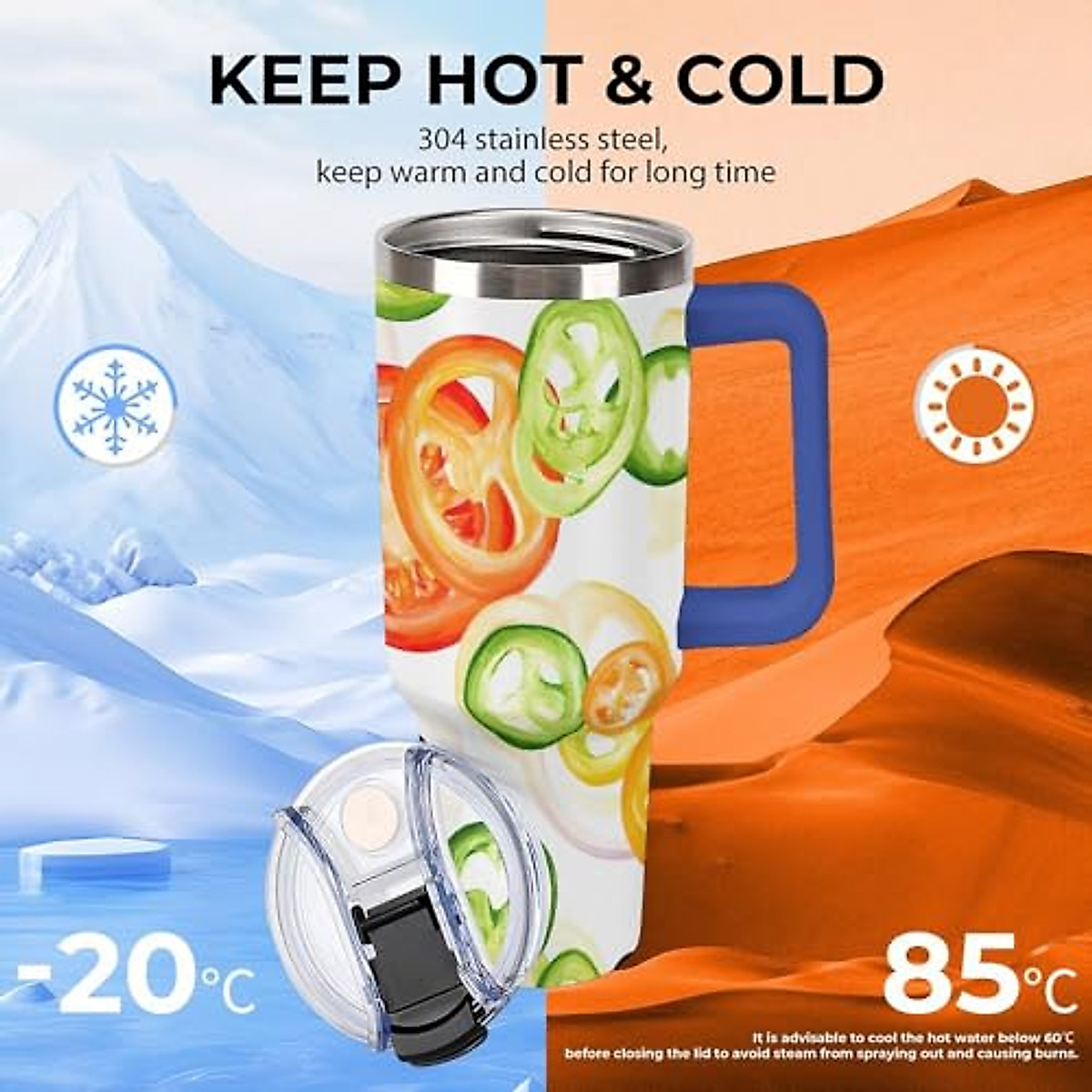 Sliced ​​Pepper Tomato Onion 40oz Water Bottle Double Wall Insulated Tumbler with Handle Leakproof Travel Mug Deep Blue-style