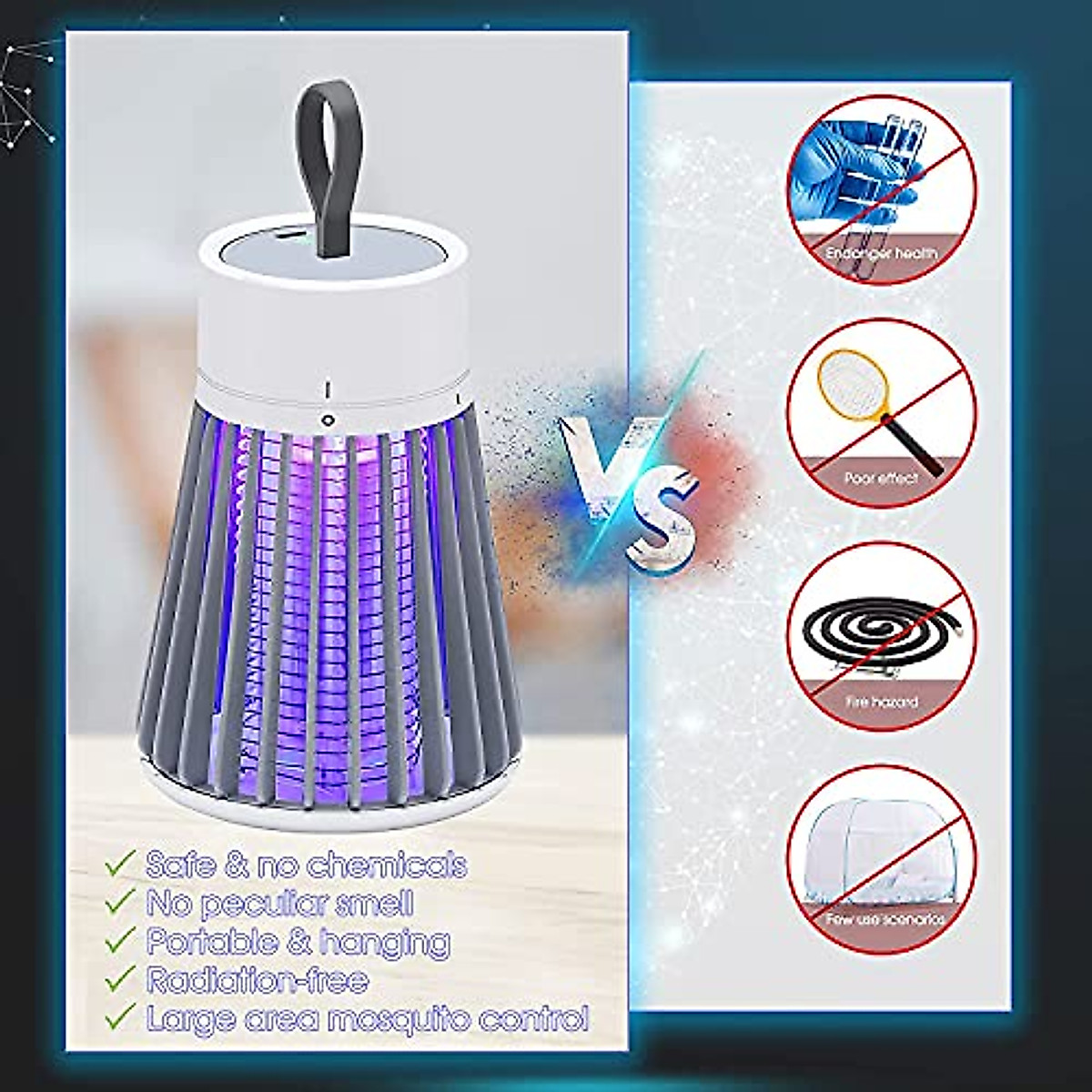 ELLASSAY Electric Bug Zapper for Indoor & Outdoor - Rechargeable Mosquito and Fly Killer Portable USB LED Purple Light Trap Have Security Grid Home, Bedroom, Backyard Camping Using, Grey