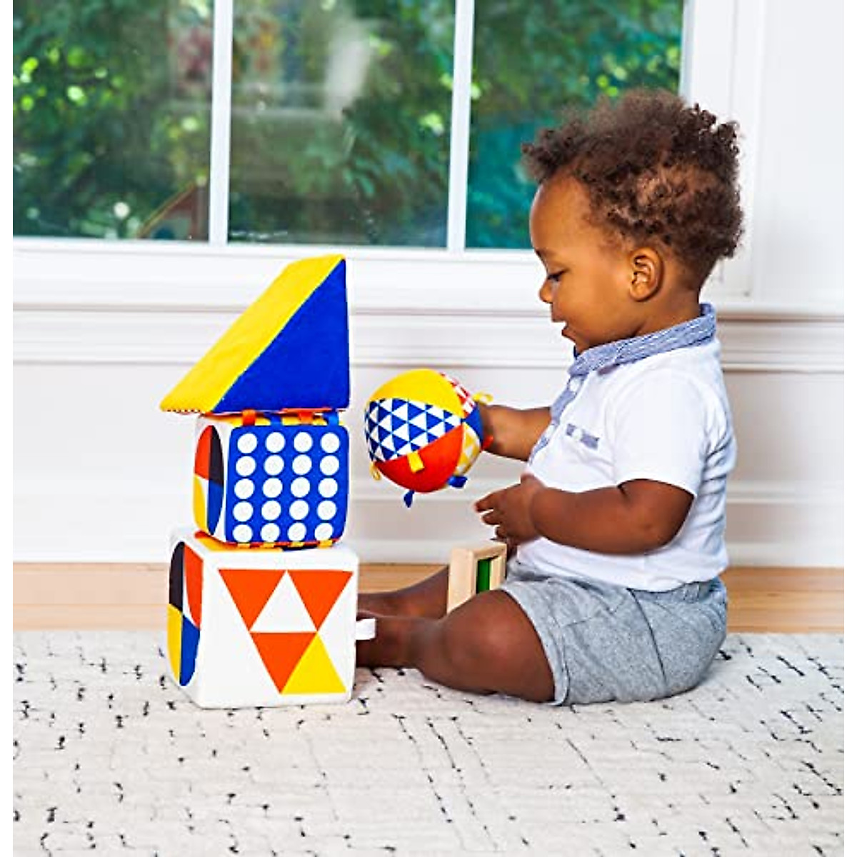 Follies The Baby Bauhaus Set - Award Winning Jumbo Soft Baby Blocks, Rattle Ball, Mirror from 0 to 18 Months - Must Have Montessori Developmental Sensory Toys for Tummy Time and Brain Development
