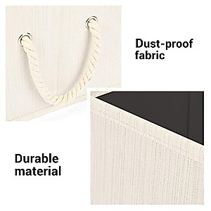 MaidMAX Cloth Storage Baskets, 14.4×10×8.4'', Shelf Basket, Collapsible Storage Bins with 2 Cotton Rope Handles, Bamboo Style Slubbed Fabric, Beige with Gray Lining, Set of 3