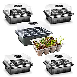 QHC KOCK Seed Starter Tray Seedling Tray (12 Cells Per Tray) Humidity Adjustable Plant Seed Starting Kit with Dome and Base Greenhouse Grow Trays for Plant Growing Starting 5 Packs Black