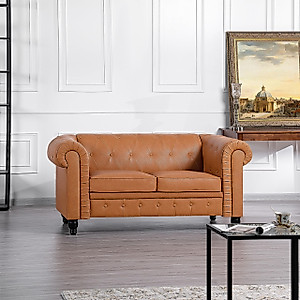 Emery Chesterfield 3 Piece Living Room Sectional Sofa Set with Rolled Arms, Tufted Cushion Sofas for Living Room Set Includes Sofa, Loveseat Couch, Accent Arm Chair / Easy Tool-Free Assembly – Caramel