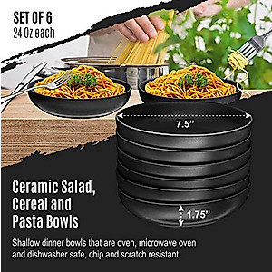 Bruntmor Ceramic Bowls, For Salad, Soup, Pasta Bowl Set Of 6 Serving Plates. 24 Oz Porcelain Baking Skillet With Handles. Safe For Oven, Microwave, Dishwasher. Serving Christmas Dish. Matte Black
