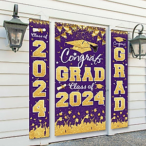 2024 Graduation Party Decorations - Purple Gold Class of 2024 Congrats Grad Banner 2024 Graduation Party Supplies Front Door Cover Porch Sign Banner Wall Backdrop Decor