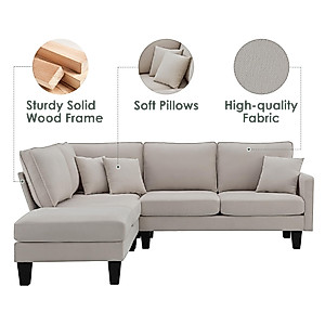 Jeffski 90" L-Shaped Sectional Sofa, 5-Seat Terrycloth Modern Sofa Couch with Chaise Lounge and 3 Pillows for Living Room, Apartment, Office, Beige