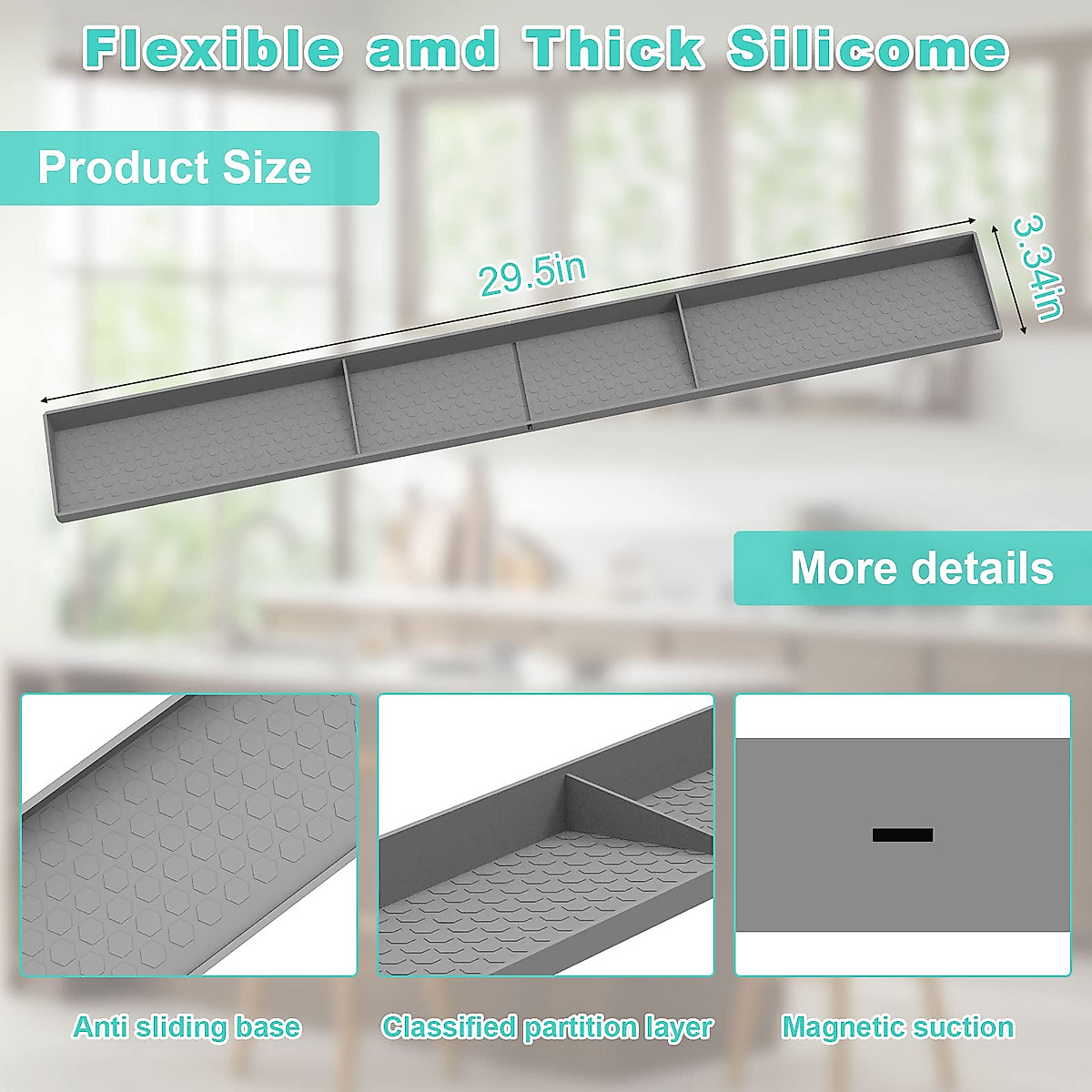 xingruyu 30 Inch Silicone Magnetic Stove Top Shelf, Magnetic Spice Rack Over the Stove, Condiment Storage Shelf, Heat Insulated Kitchen Gadgets, Zero Installation, Not Easy to Slide (Gray)