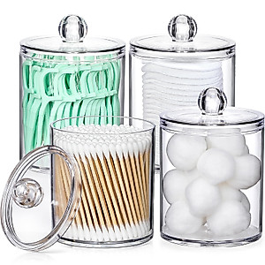 4 PACK Qtip Holder Dispenser for Cotton Ball, Cotton Swab, Cotton Round Pads, Floss Picks - 10 oz Clear Plastic Apothecary Jar Set for Bathroom Canister Storage Organization, Vanity Makeup Organizer
